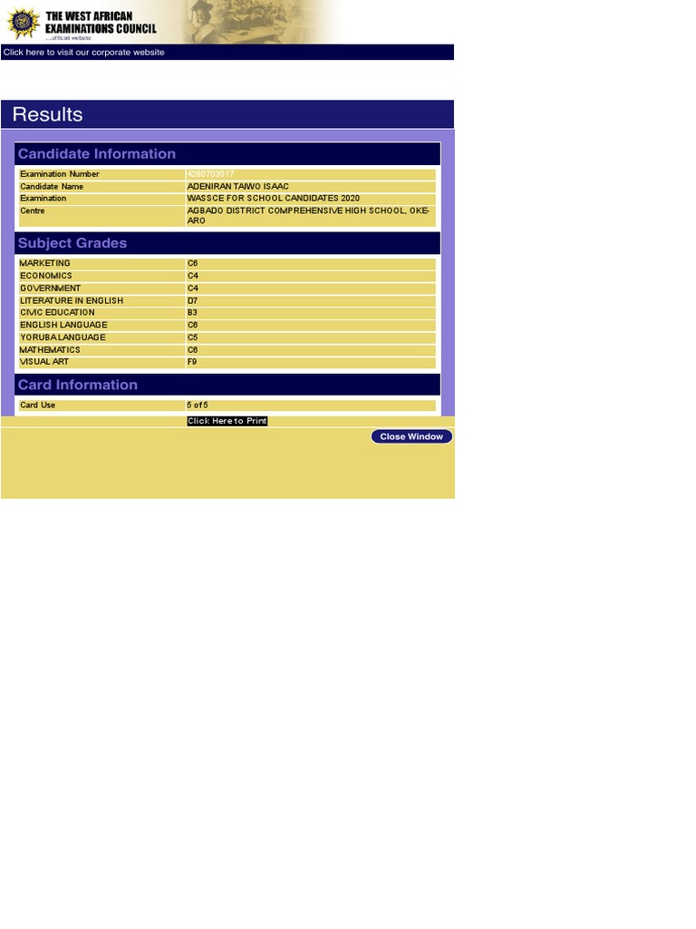 Waecdirect Online - Results | PDF