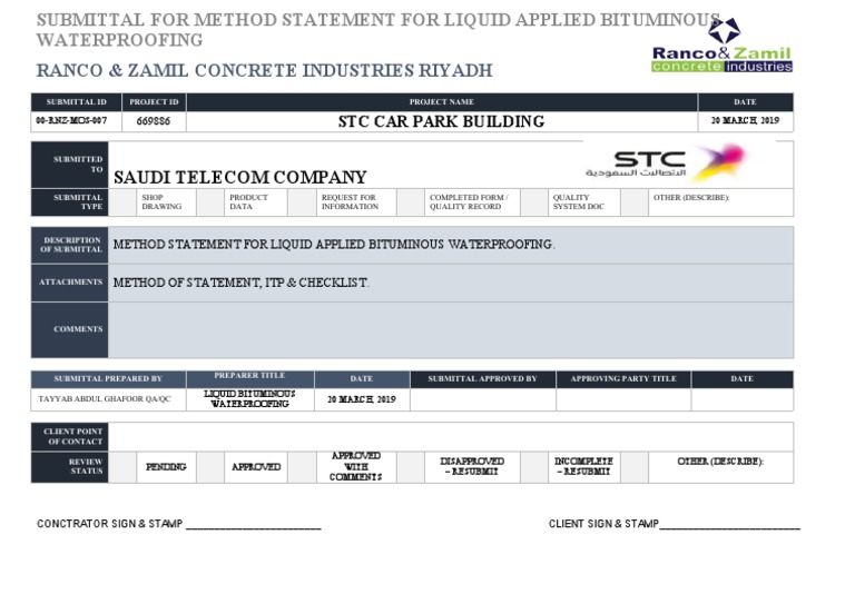 SUBMITTAL FOR METHOD STATEMENT FOR Liquid Applied Bituminous Waterproofing | PDF