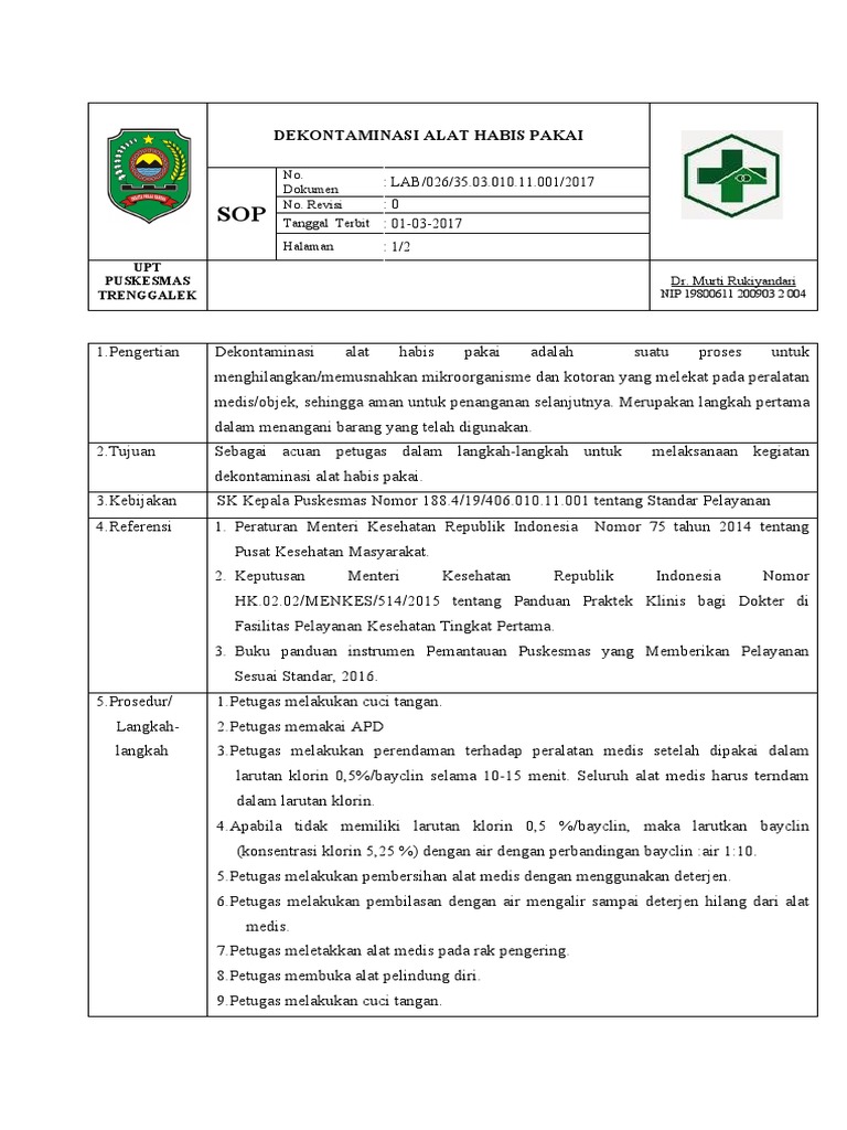 Sop Dekontaminasi Alat Habis Pakai | PDF