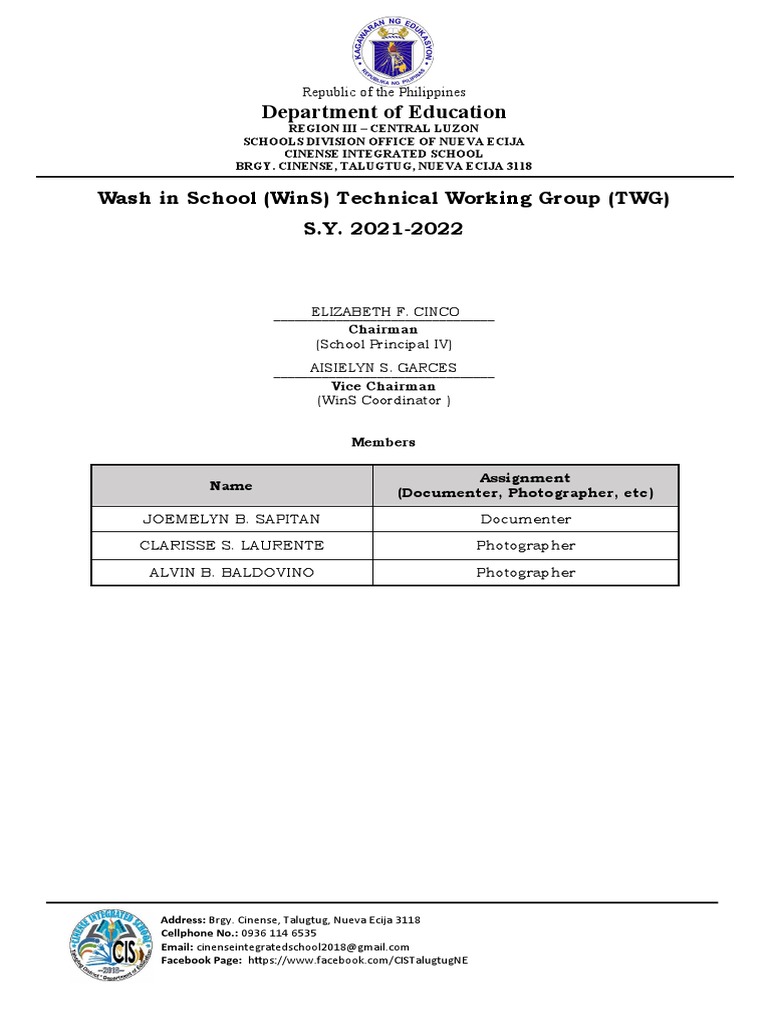 Cinense Integrated School Wash in School Technical Working Group 2021-2022 | PDF