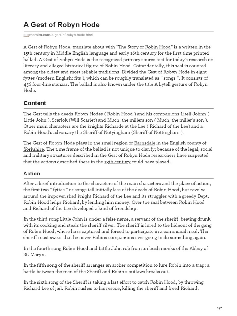The Story of Robin Hood: An Analysis of the 15th Century Ballad 'A Gest ...