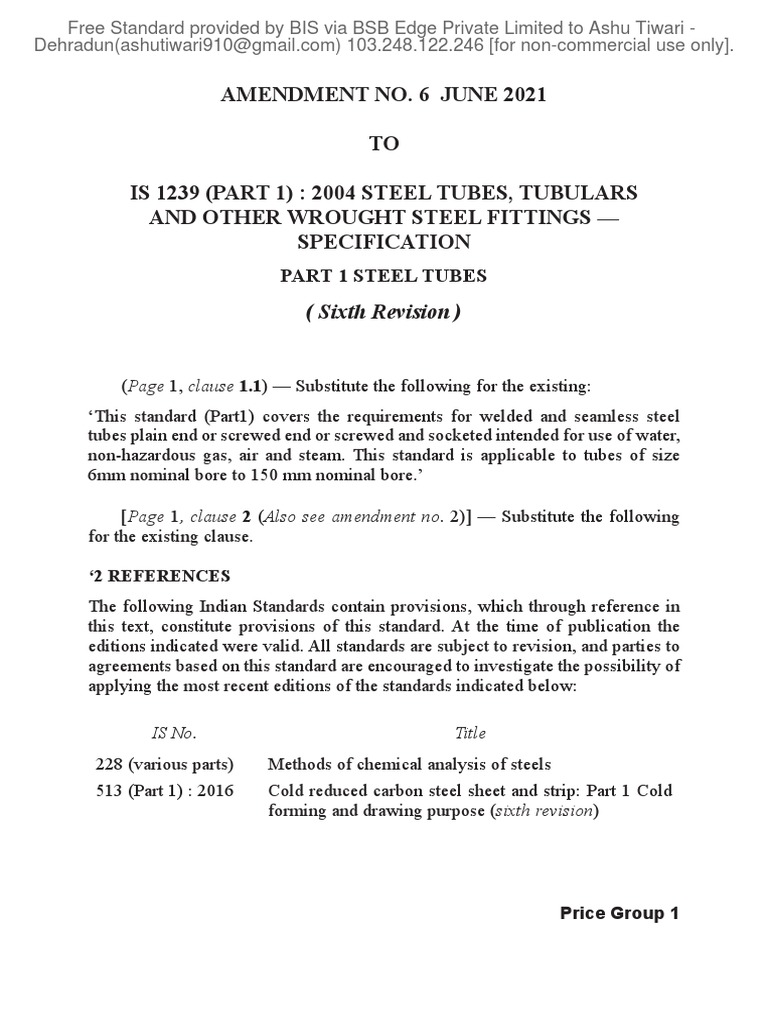 Amendments to IS 1239 (Part 1): 2004 Steel Tubes, Tubulars and Other ...