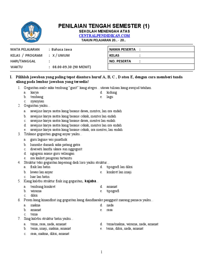 PTS Bahasa Jawa Kelas 11 SEM 1 | PDF