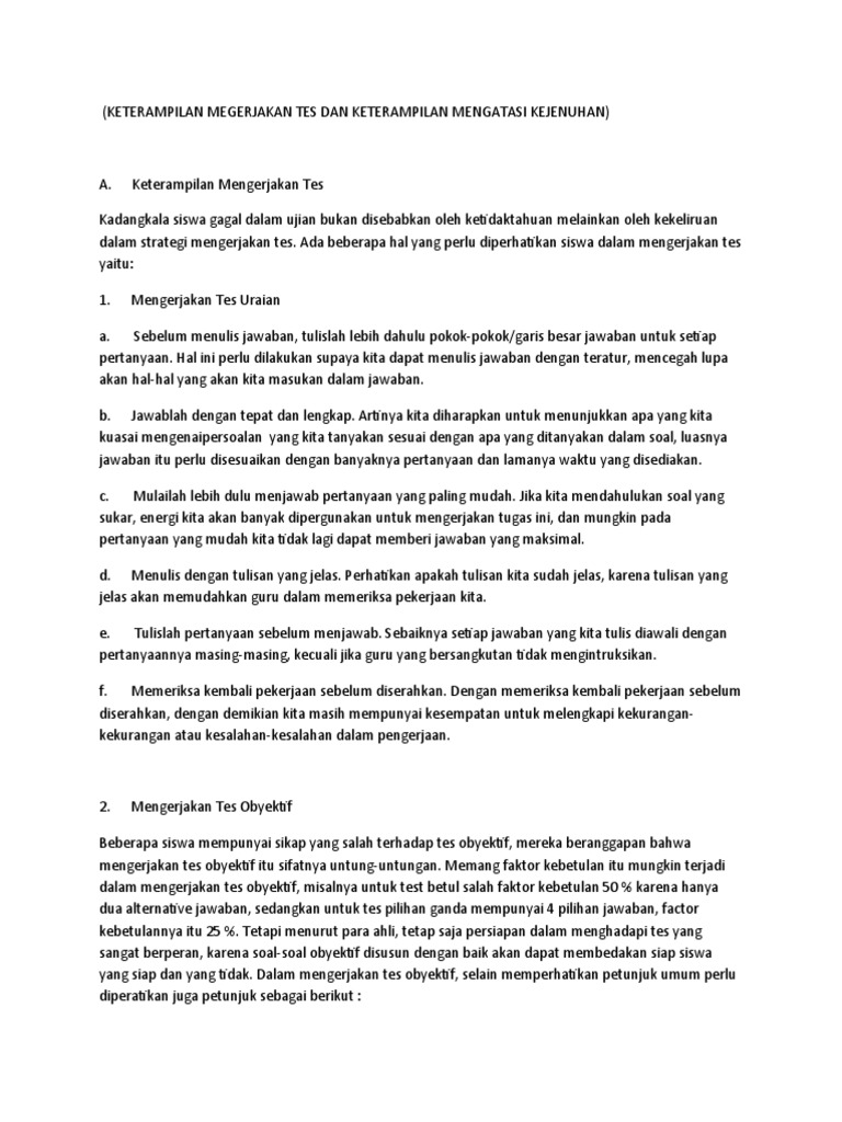Keterampilan Pokok Belajar (Keterampilan Megerjakan Tes Dan ...