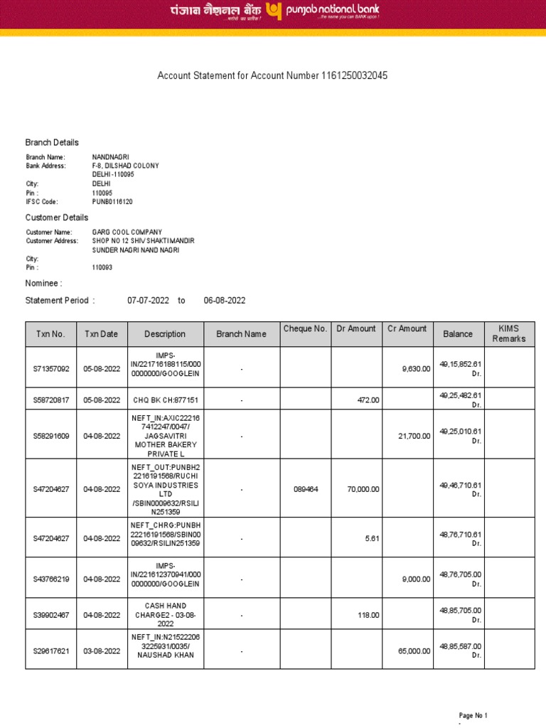PNB Account Statement: Garg Cool Co. | PDF | Financial Services | Trade