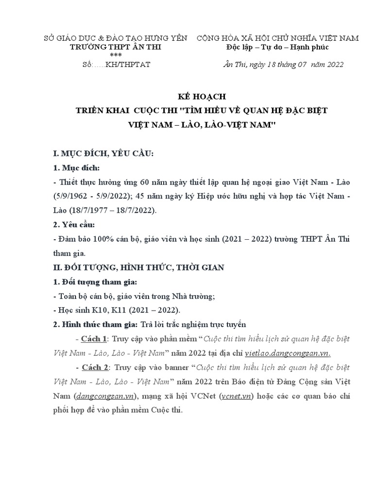 Ke Hoach Va Dap An Cuoc Thi Tim Hieu Moi Quan He Dac Biet Viet Lao | PDF