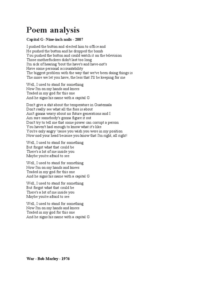 Poetry Analysis - Song Lyrics | PDF | Racism | Discrimination & Race ...