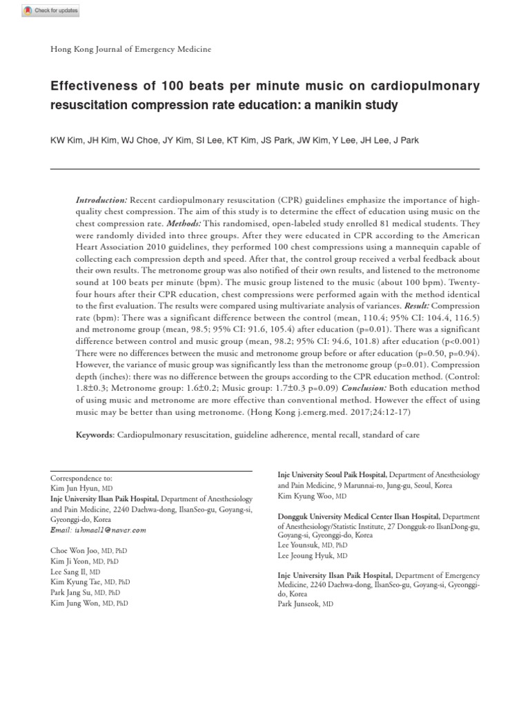 Effectiveness of 100 Beats Per Minute Music On Cardiopulmonary ...