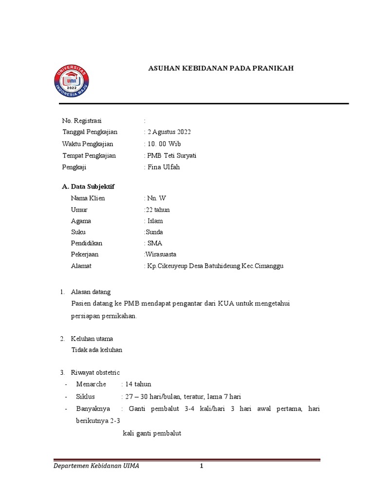 Asuhan Kebidanan Pranikah Nn. W | PDF | Pengembangan Diri | Sains ...