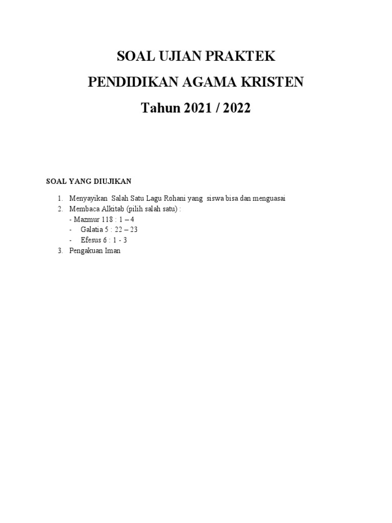 Soal Ujian Praktek Agama Kristen 2021-2022 | PDF