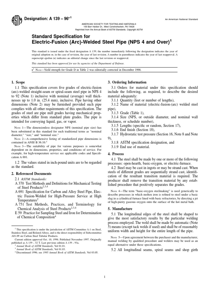 Astm A139 - 96 | PDF | Pipe (Fluid Conveyance) | Welding