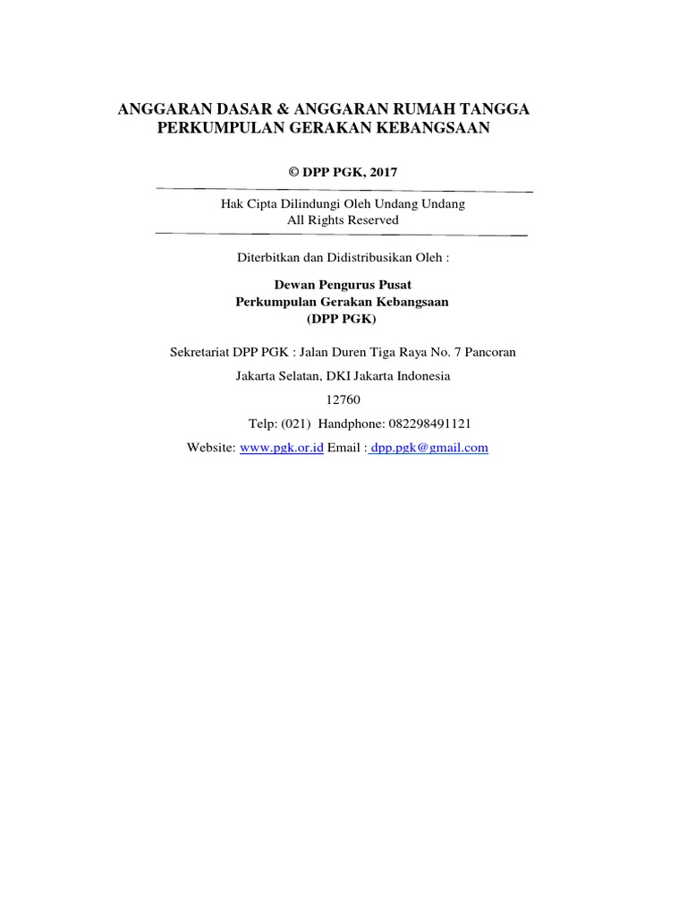 Anggaran Dasar Anggaran Rumah Tangga PGK Fix | PDF