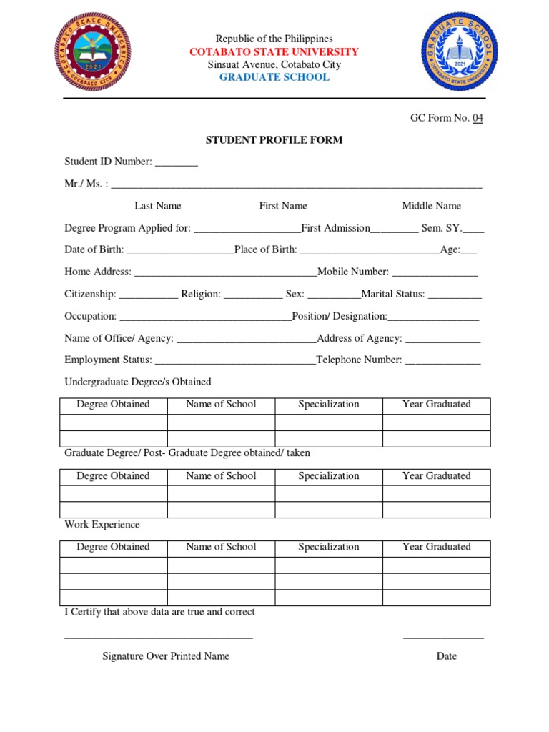 Cotabato State University: Student Profile Form | PDF