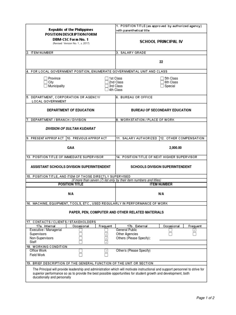 Republic of The Philippines Position Description Form DBM-CSC Form No ...