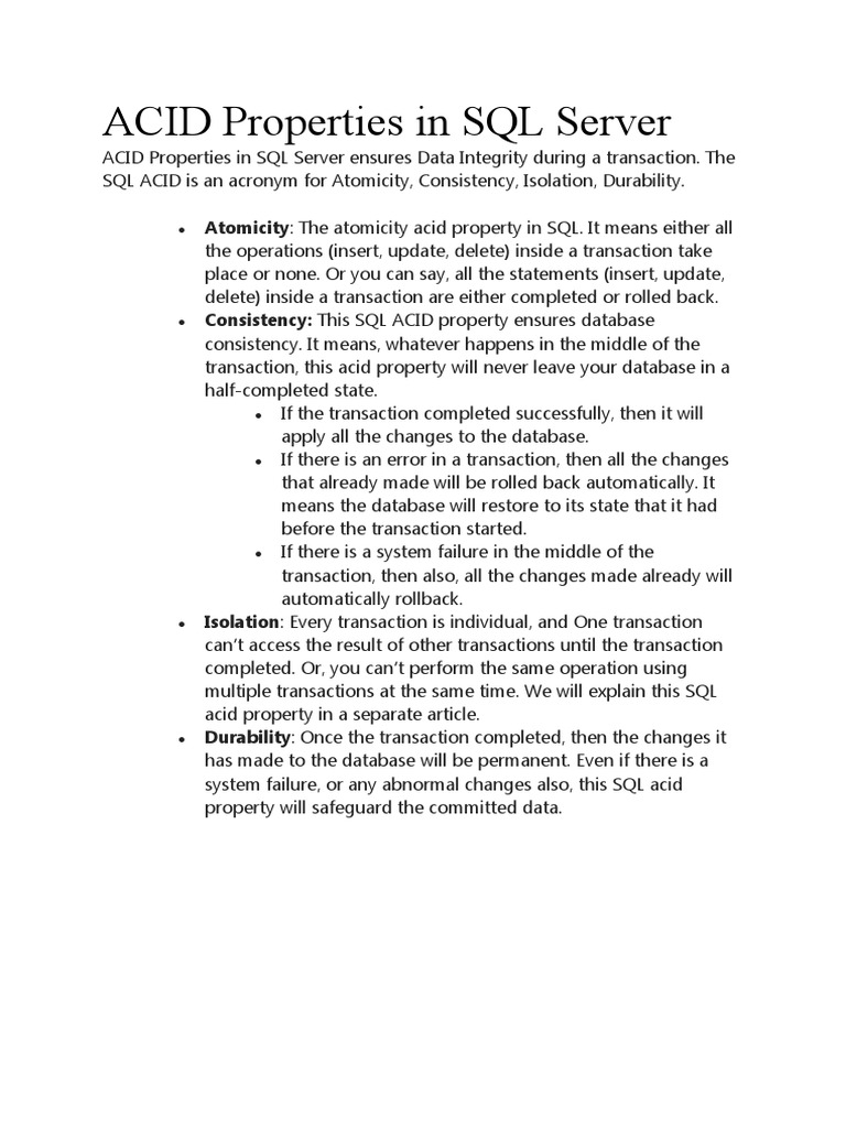 ACID Properties in SQL Server | PDF