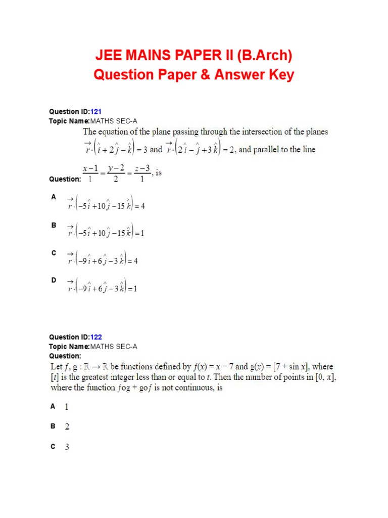 Jee Mains Paper Ii (B.Arch) Question Paper & Answer Key: Question ID ...