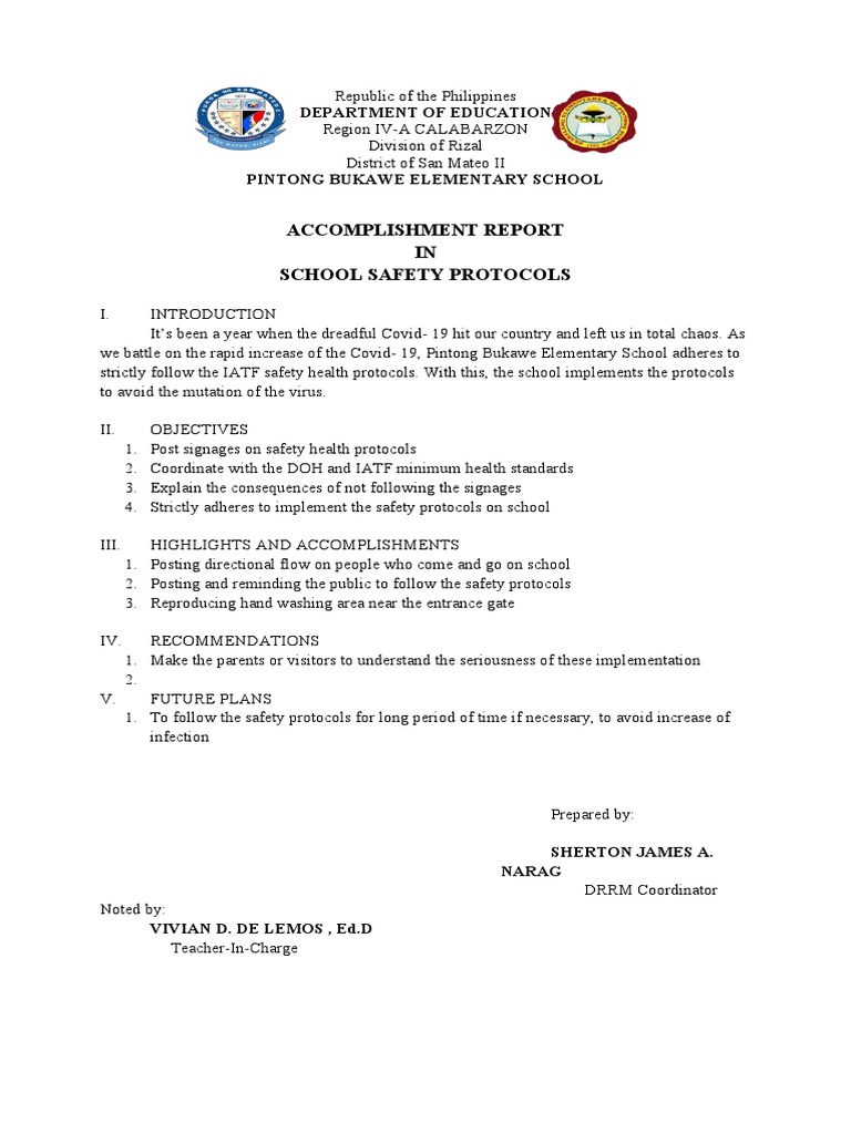 Accomplishment Report IN School Safety Protocols: Department of ...