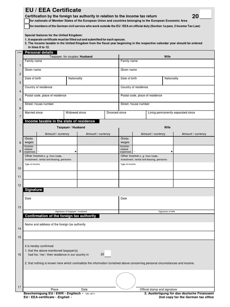 20 EU / EEA Certificate: Personal Details | PDF | Income | Taxation In ...