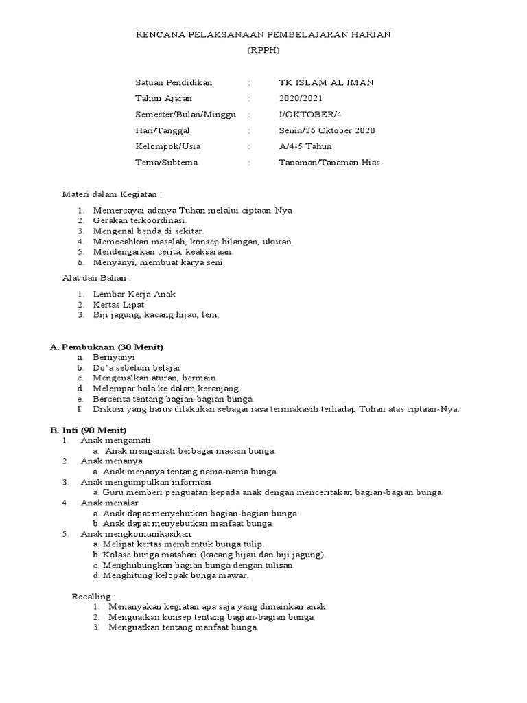 Rencana Pelaksanaan Pembelajaran Harian | PDF