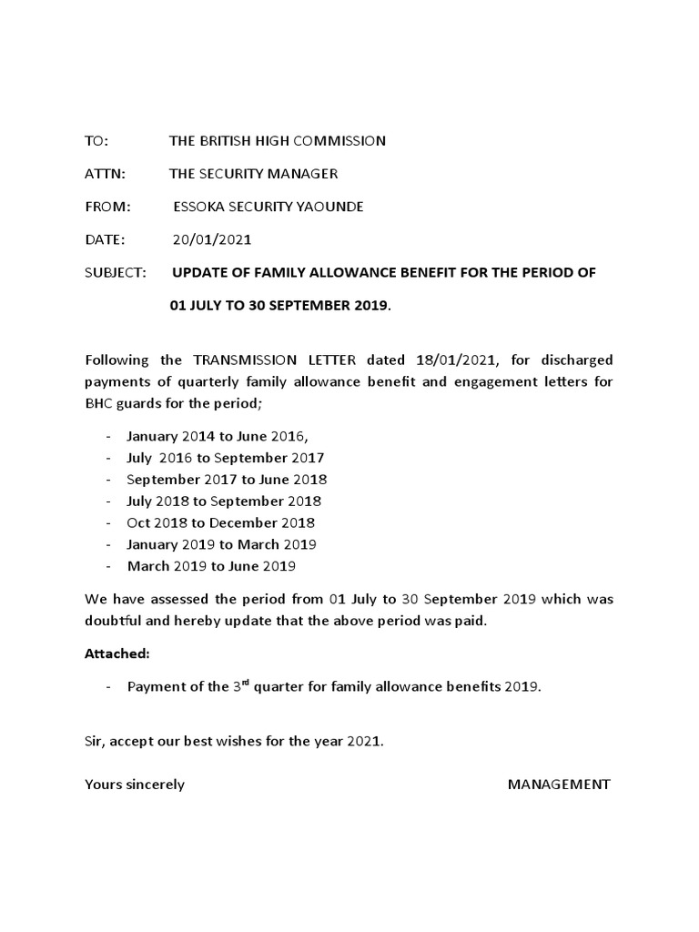 Update of Family Allowance For The Period of 01 July - 30 September ...