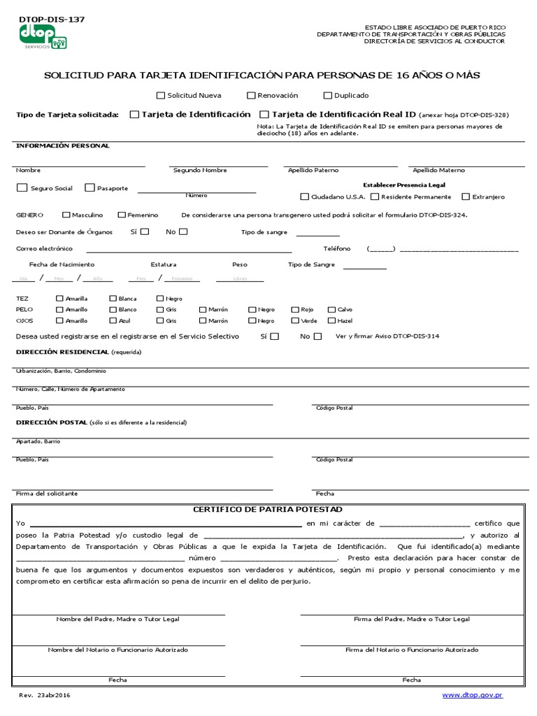 DISCO-F006 DTOP-DIS-137 Solicitud Tarjeta de Identificacion | PDF ...