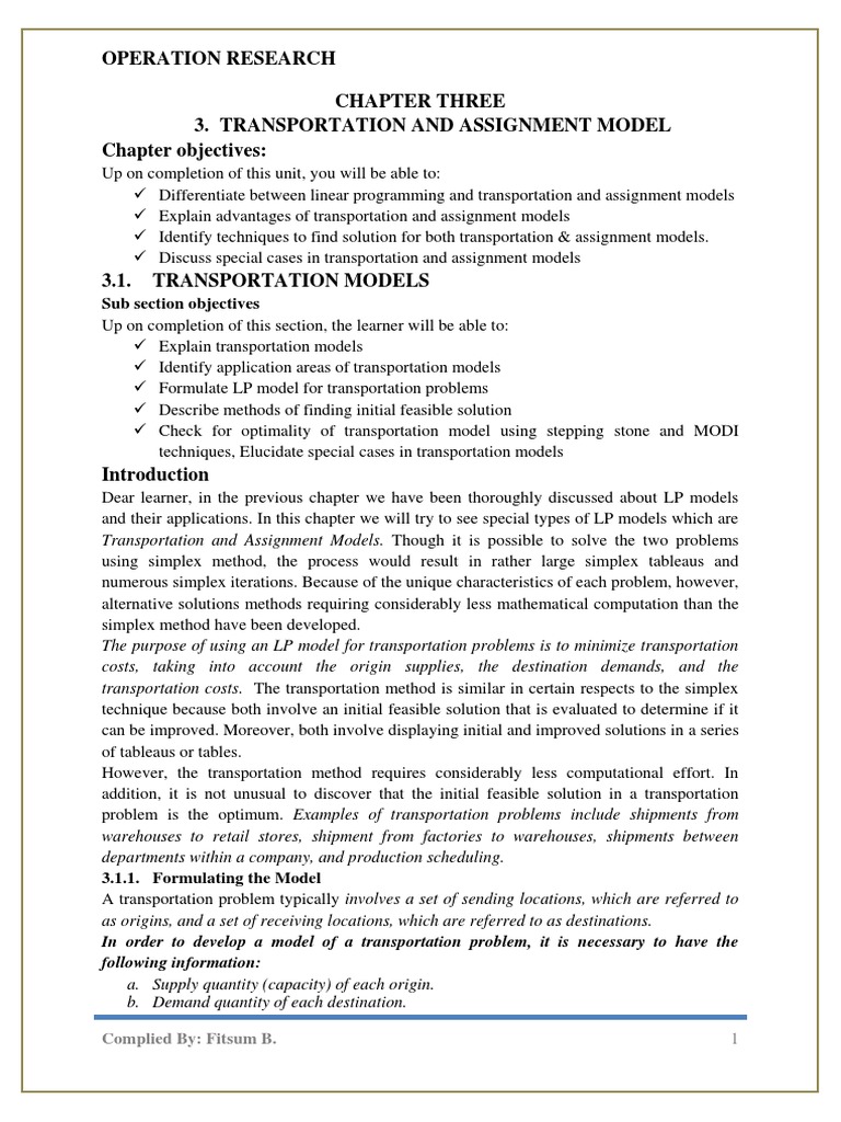 Operation Research Chapter Three 3. Transportation and Assignment Model Chapter Objectives | PDF ...