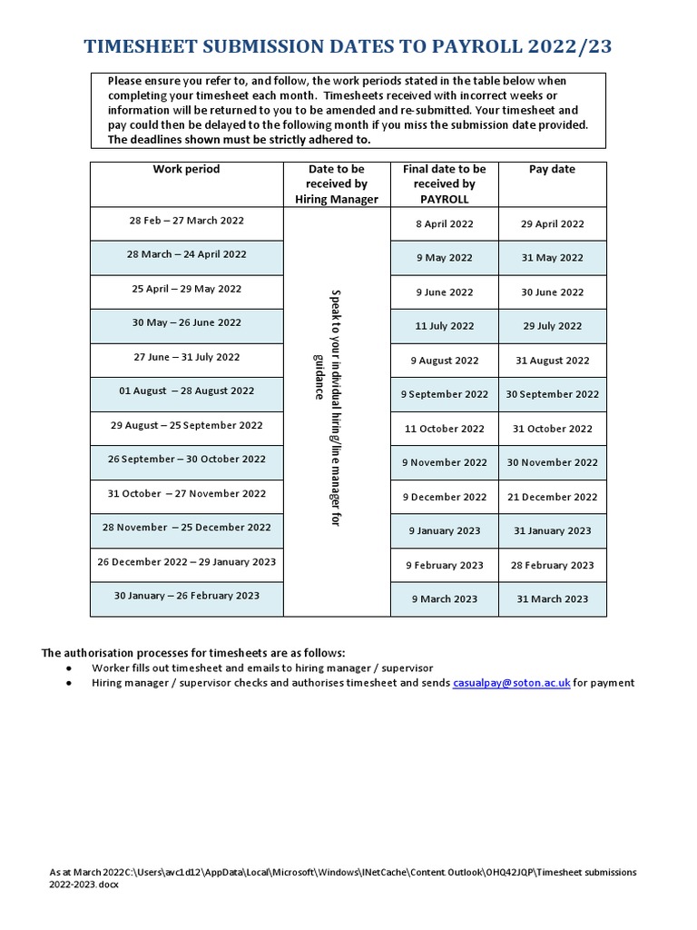 Timesheet Submission Deadlines 2022-23 | PDF | Operating System ...