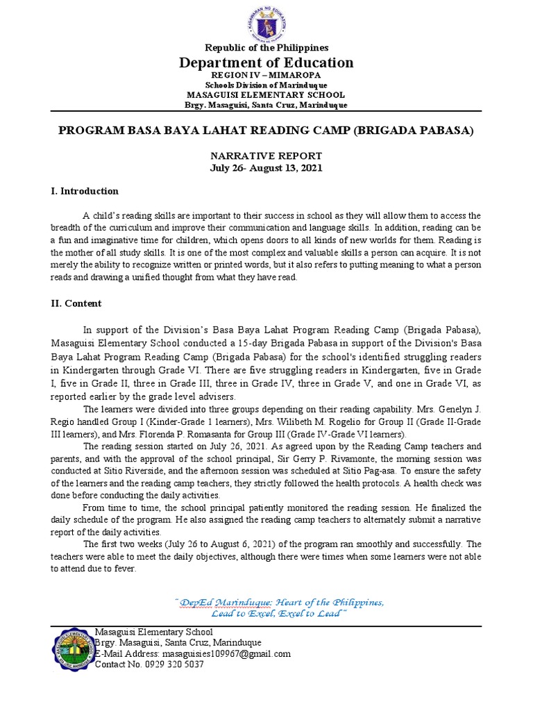 Department of Education: Program Basa Baya Lahat Reading Camp (Brigada ...