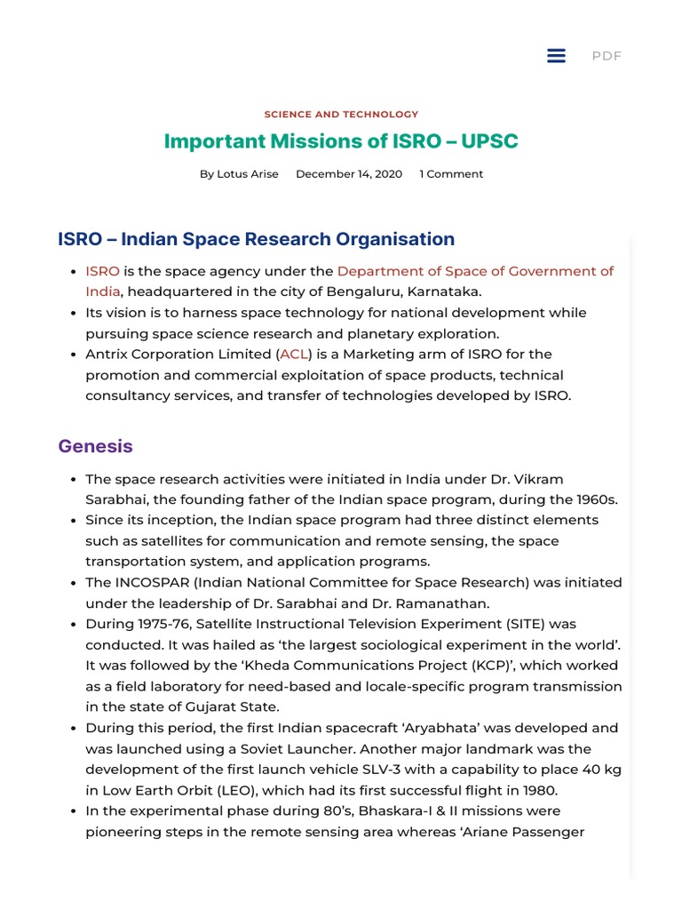 Important Missions of ISRO - UPSC | PDF | Satellite | Moon