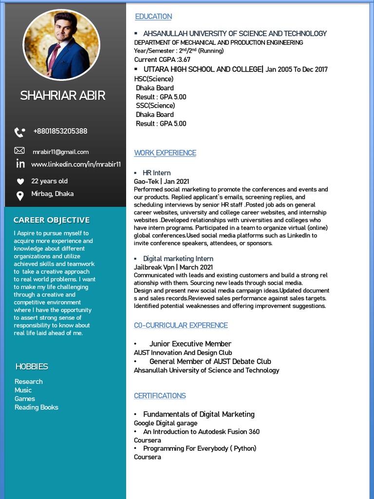 A Resume for Shahriar Abir Seeking Career Opportunities in Marketing ...