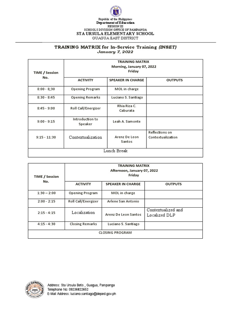 TRAINING MATRIX For In-Service Training (INSET) : Sta Ursula Elementary ...