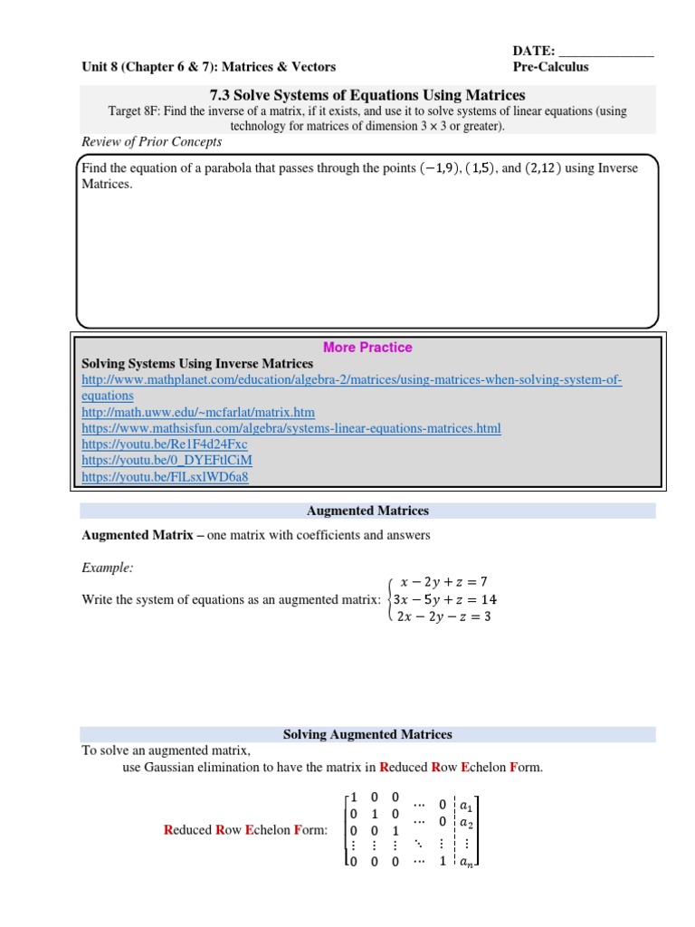7.3.3 Solve Systems of Equations Using Rref Guided Notes | PDF | Matrix ...