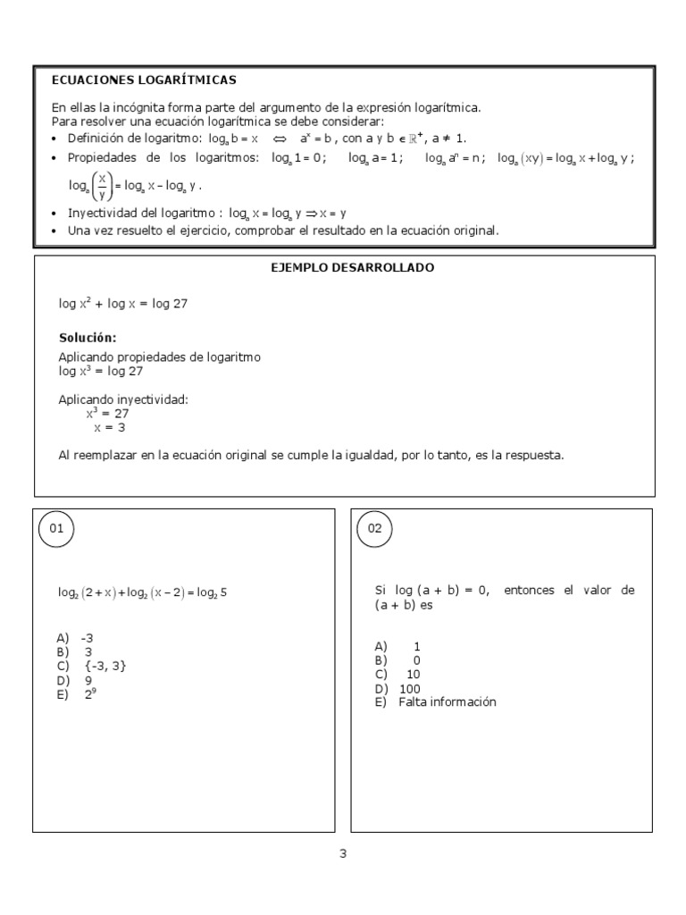 Ecuaciones Logarítmicas | PDF | Ecuaciones | Logaritmo