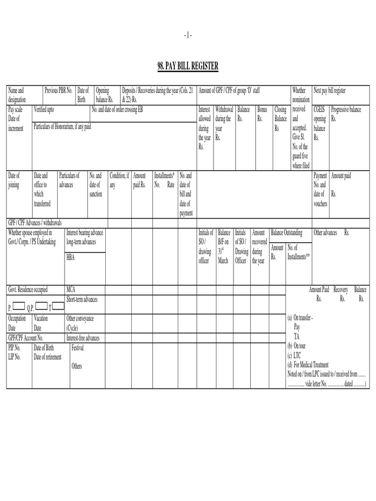 Form 98. PAY BILL REGISTER | PDF | Taxes | Government