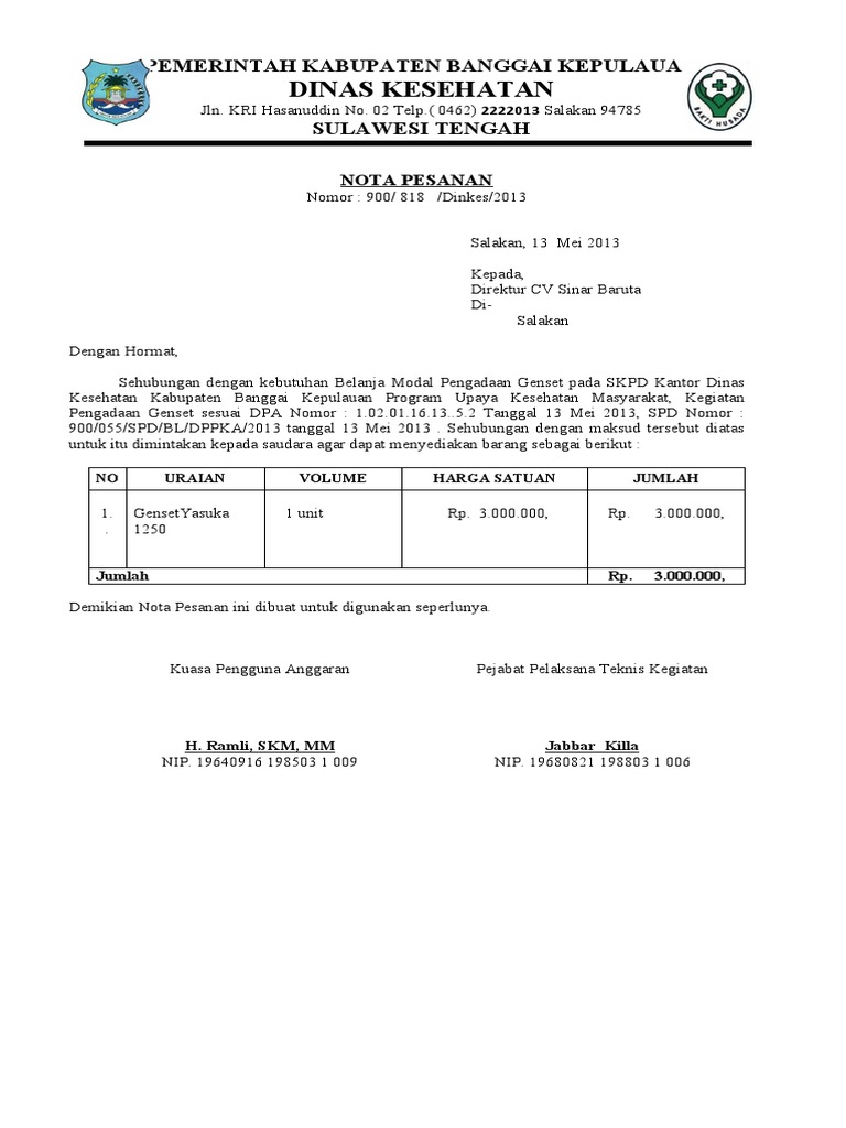 Nota Pesanan Genset | PDF