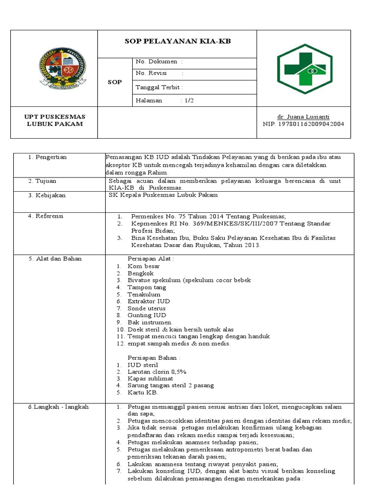 SOP Pemasangan IUD di Puskesmas | PDF