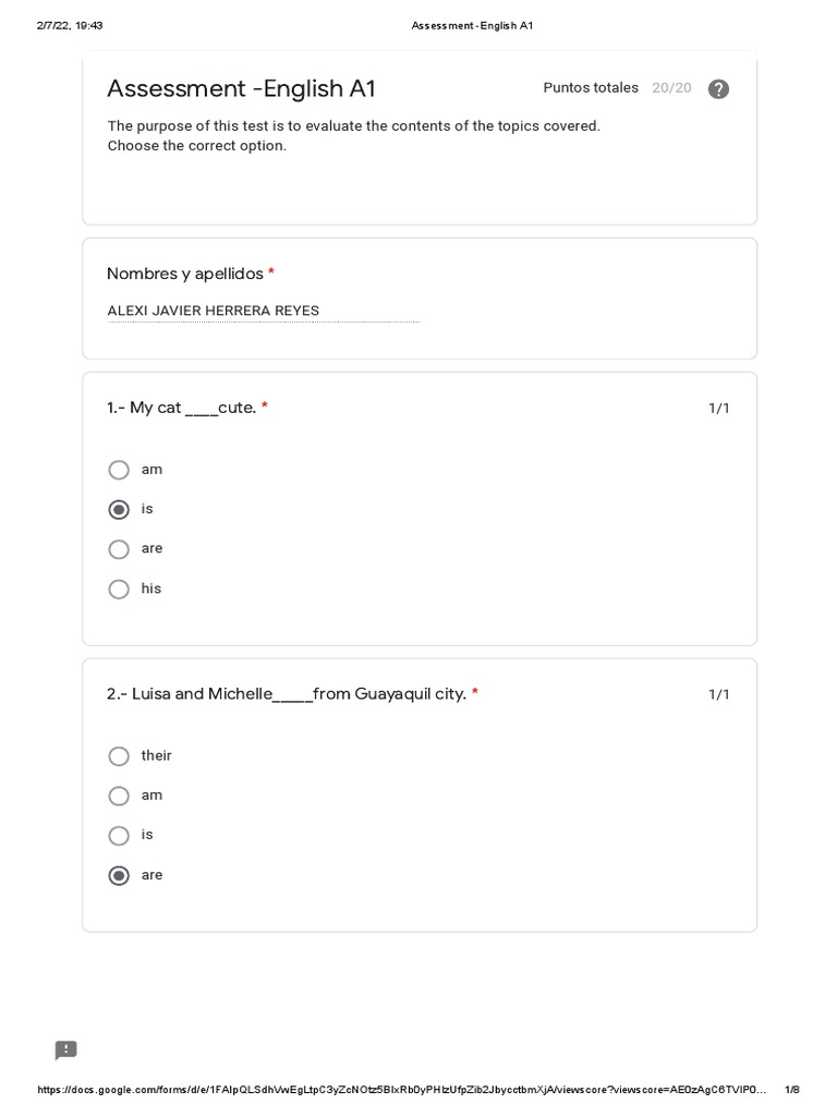Assessment - English A1 | PDF