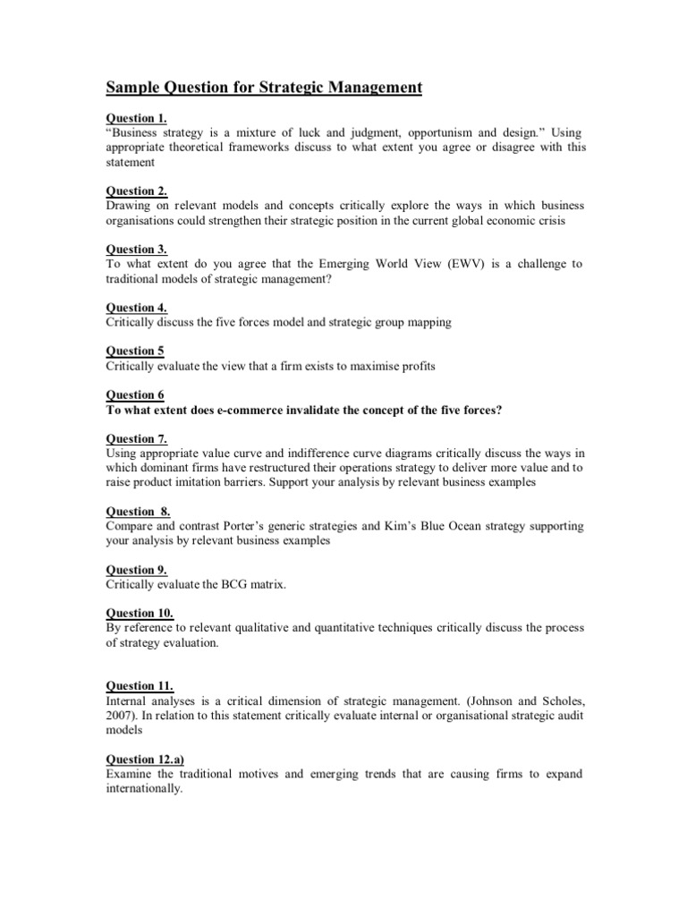 Sample Questions for Strategic Management