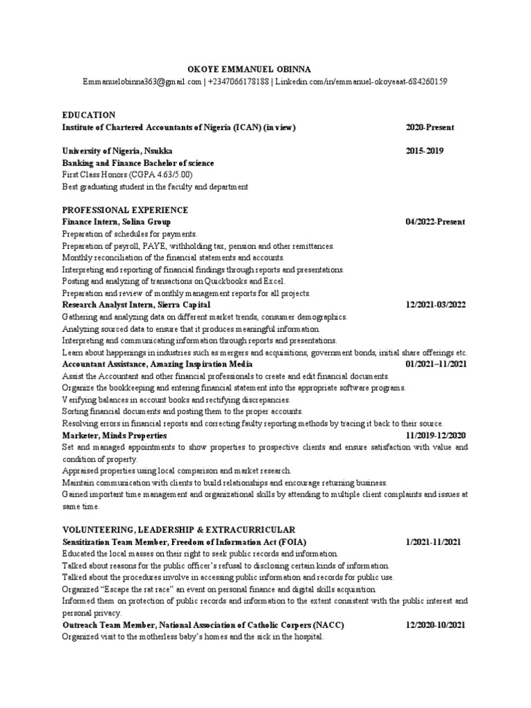 Okoye Emmanuel Obinna Resume | PDF | Bookkeeping | Economies
