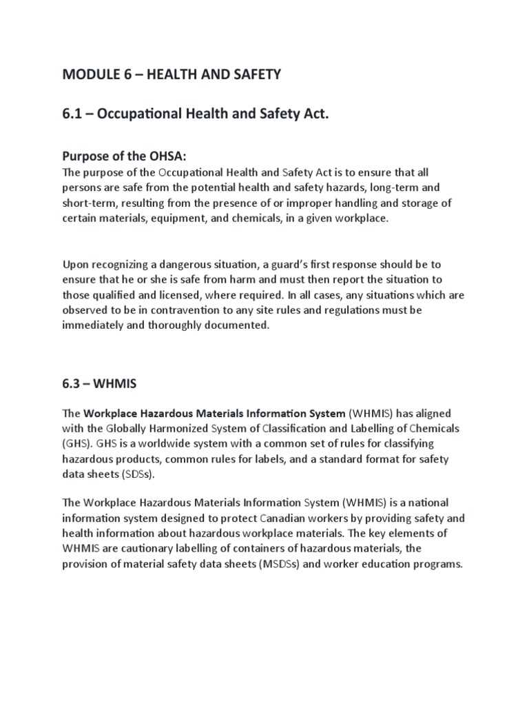 Module 6 - Health and Safety 6.1 - Occupational Health and Safety Act ...