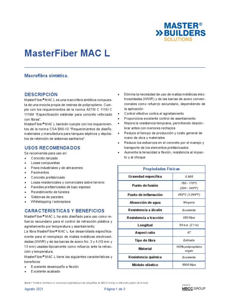Masterfiber Mac L - Ficha Técnica | PDF | Hormigón | Acero
