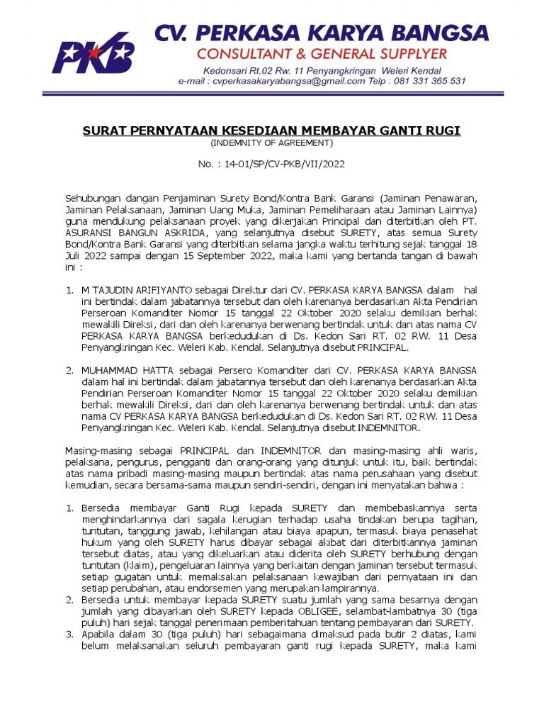 Indemnity Agreement KBG Dan Surety | PDF