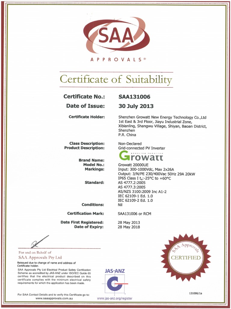 GROWATT Certificate of Suitability | PDF
