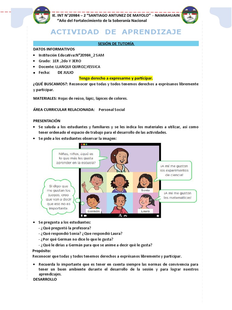 Actividad de Aprendizaje de Tutoria de La Semana 2 de Julio | PDF ...