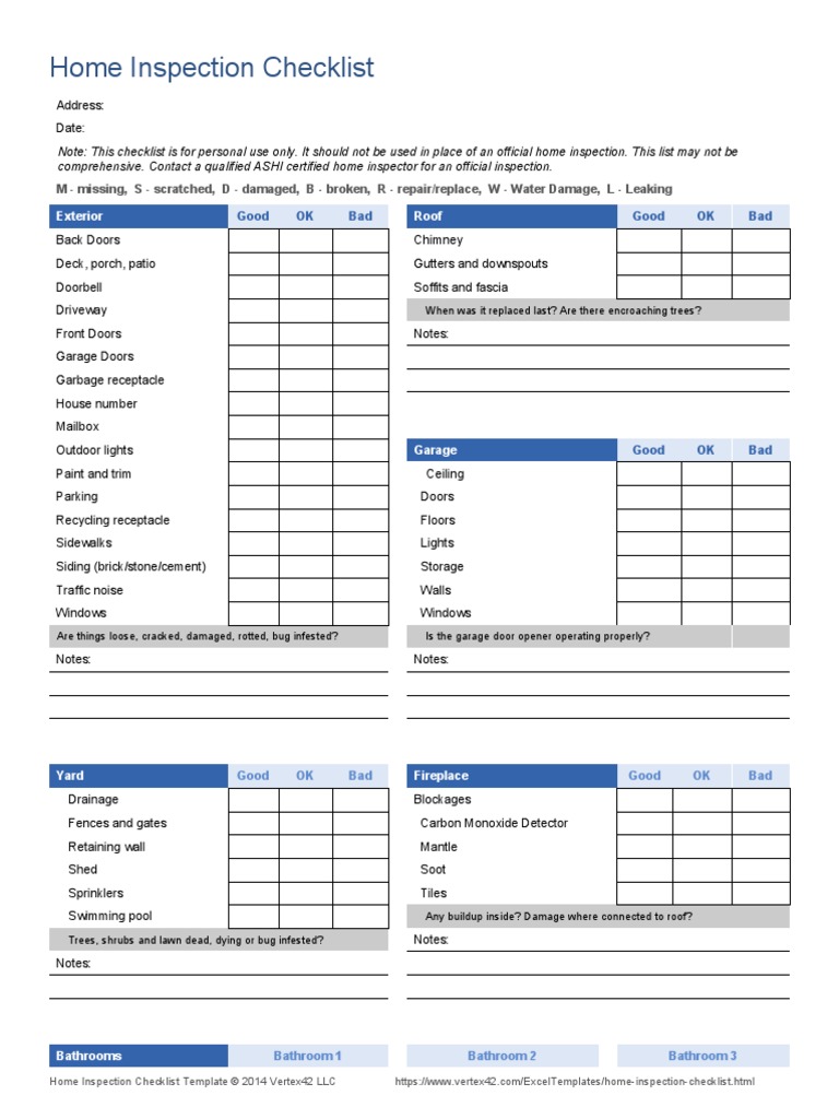 Home Inspection Checklist: Good OK Bad Good OK Bad | PDF | Bedroom ...