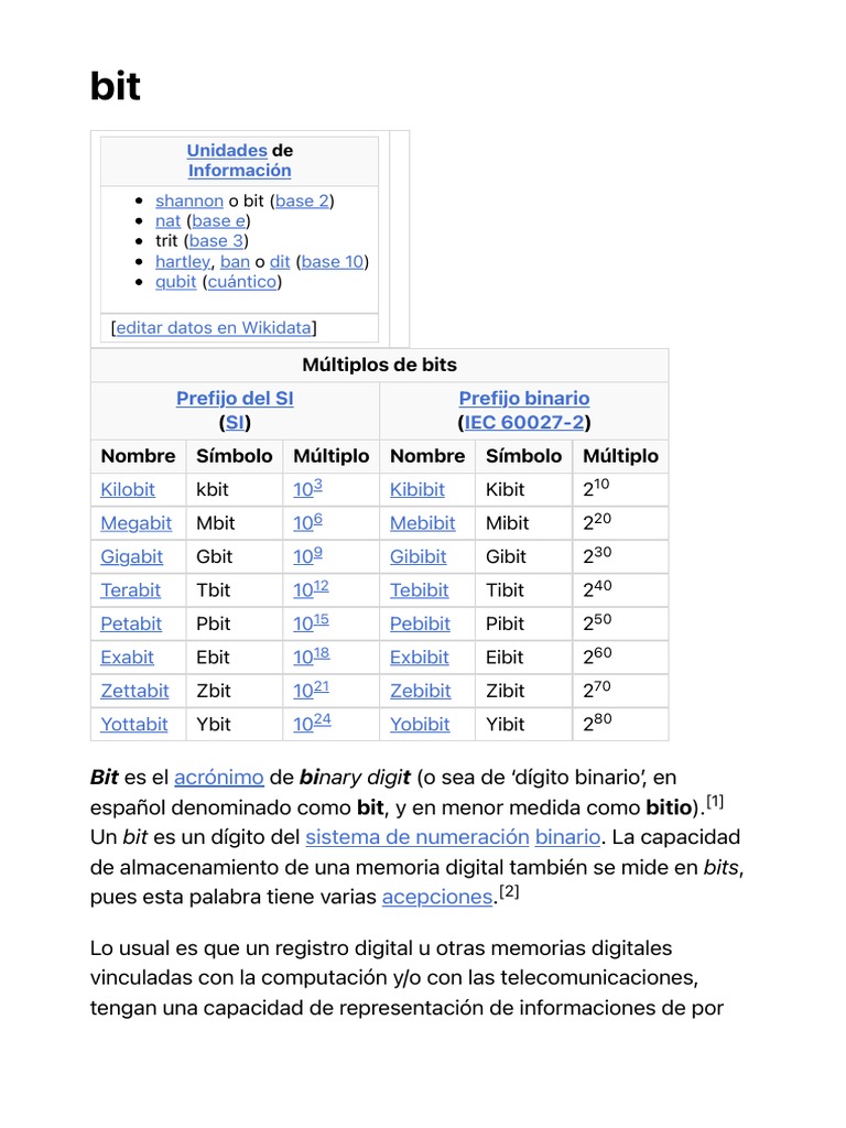 Bit - Wikipedia, La Enciclopedia Libre | PDF | Poco | Hardware de la ...