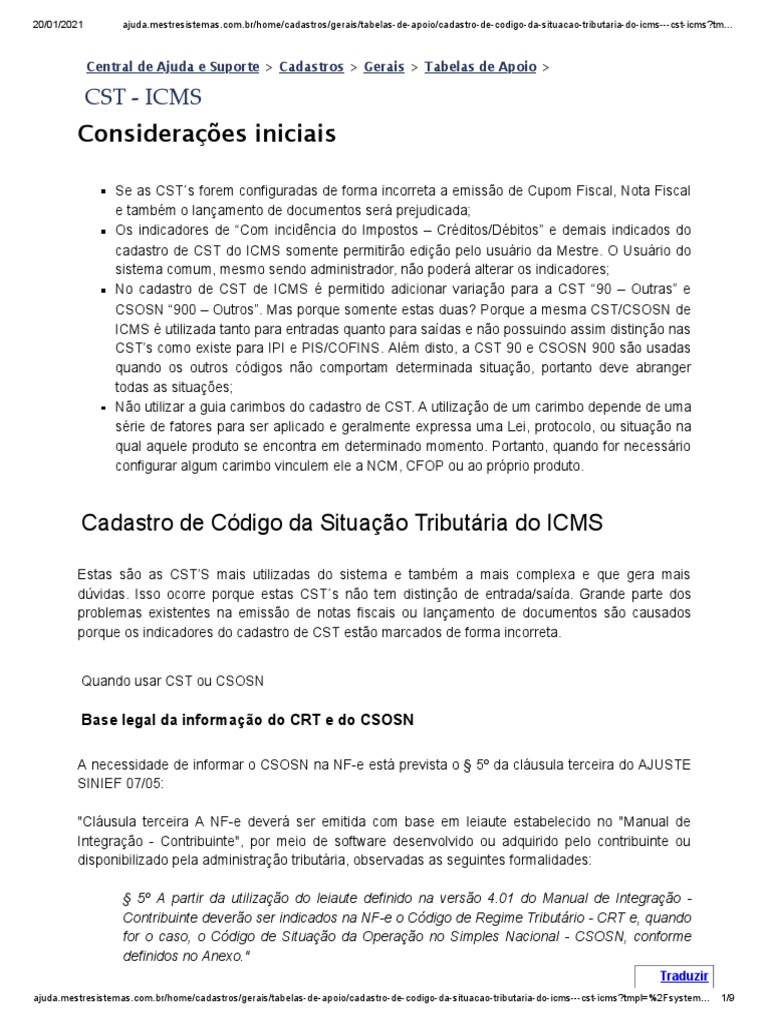 Cadastro de Codigo Da Situacao Tributaria Do Icms - CST Icms | PDF ...