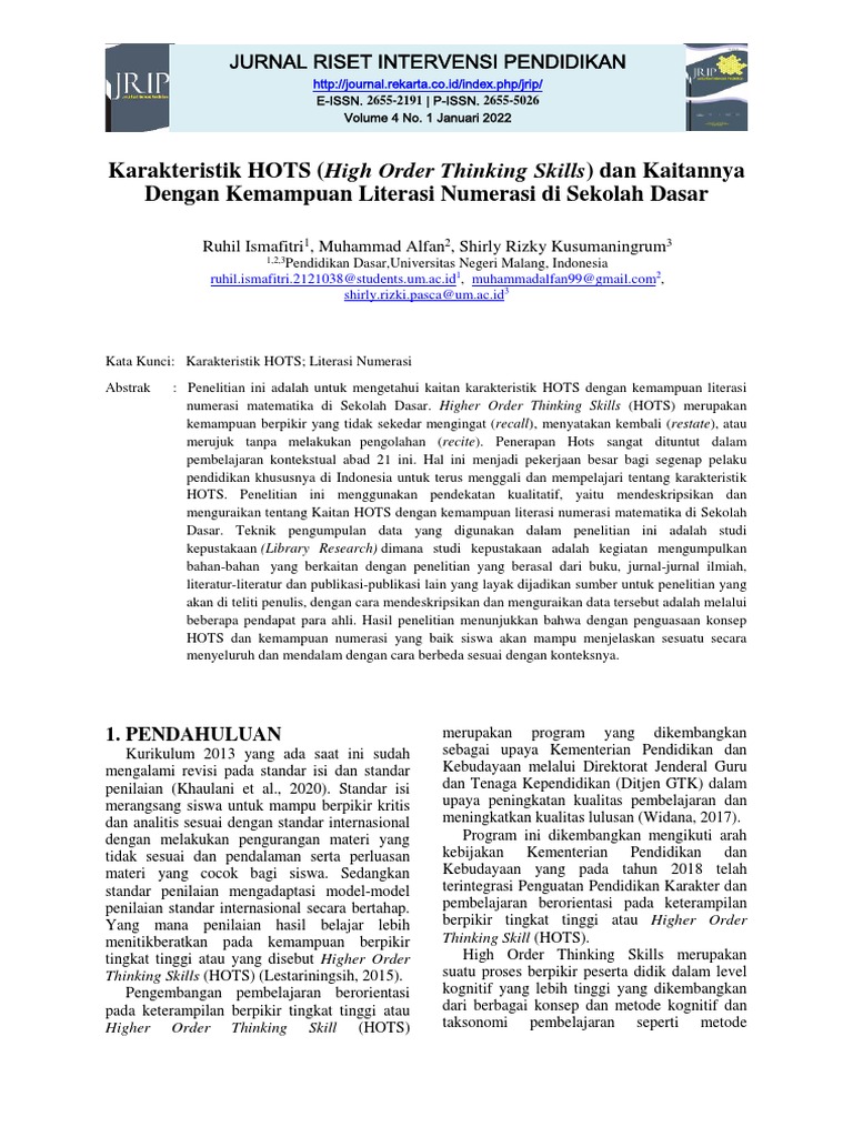 2 Karakteristik HOTS Dan Kaitannya Dengan Kemampuan Literasi Numerasi | PDF | Karier & Perkembangan