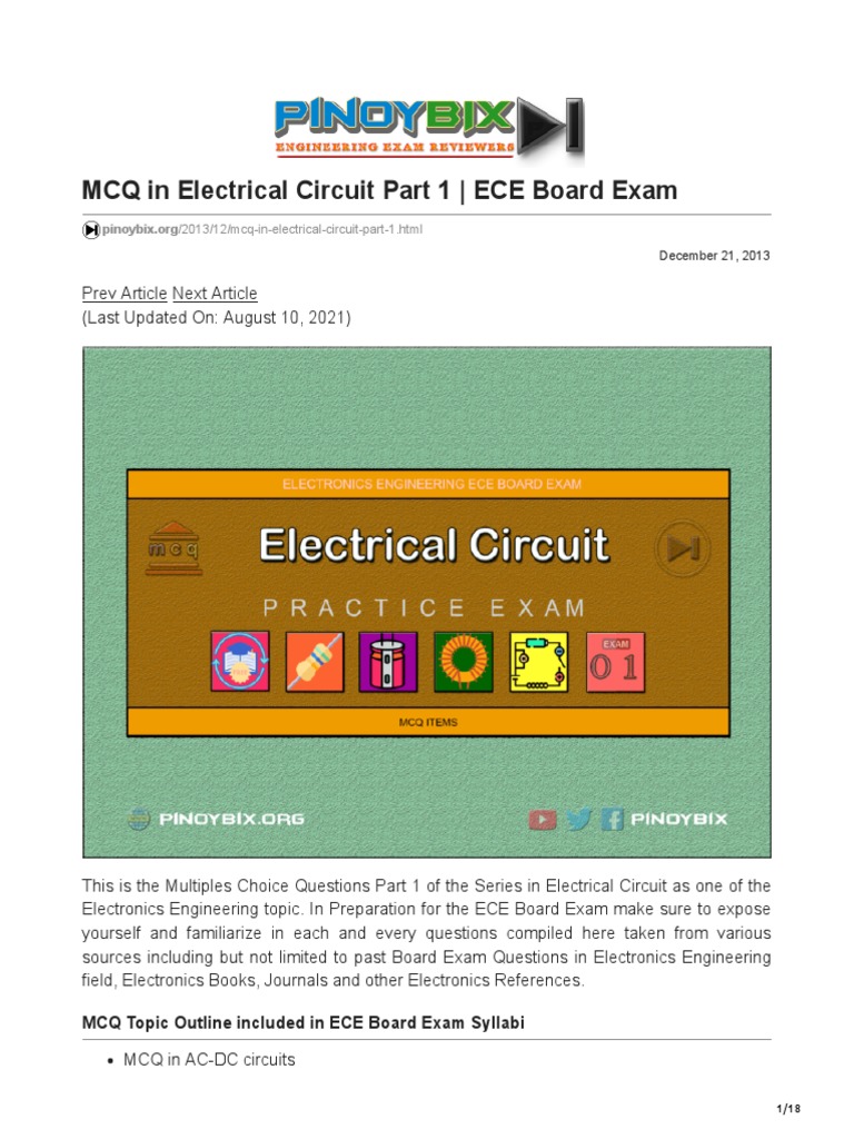 ECE Board Exam MCQs: Electrical Circuits | PDF | Capacitor | Inductance