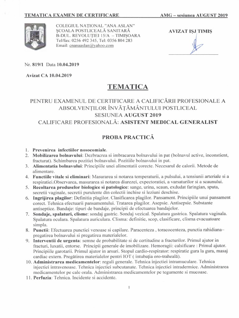 Tematica Examen ABSOLVIRE PROBA PRACTICA AMG 2019 | PDF